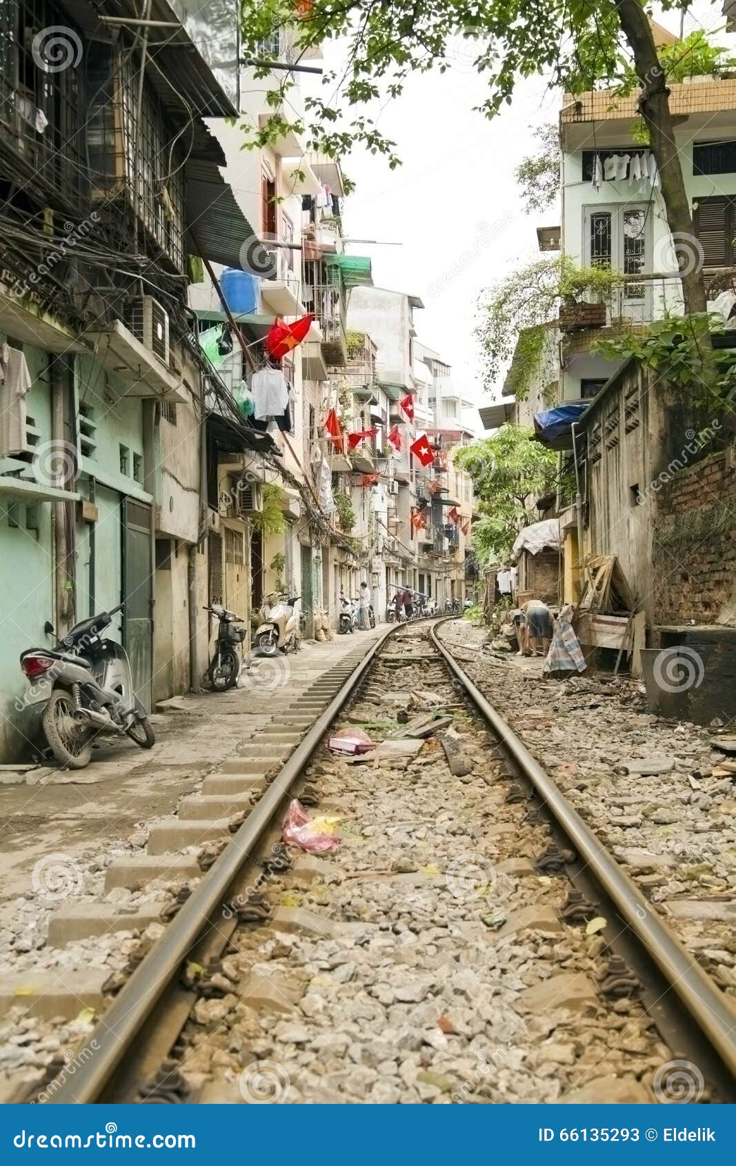 Train Passing through Streets of Hanoi Slums, Vietnam Stock Image ...