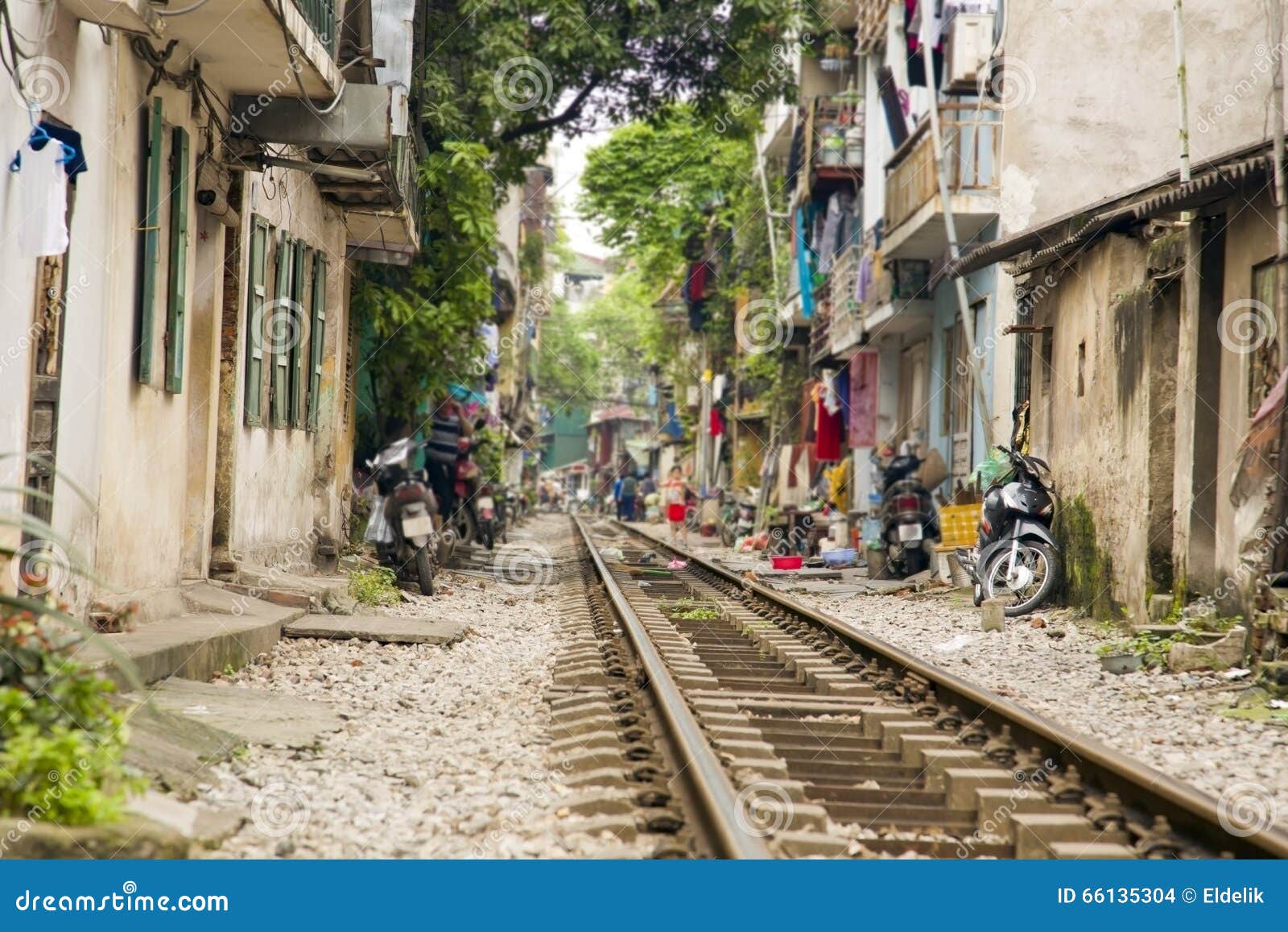 Train Passing through Streets of Hanoi Slums, Vietnam Stock Photo ...