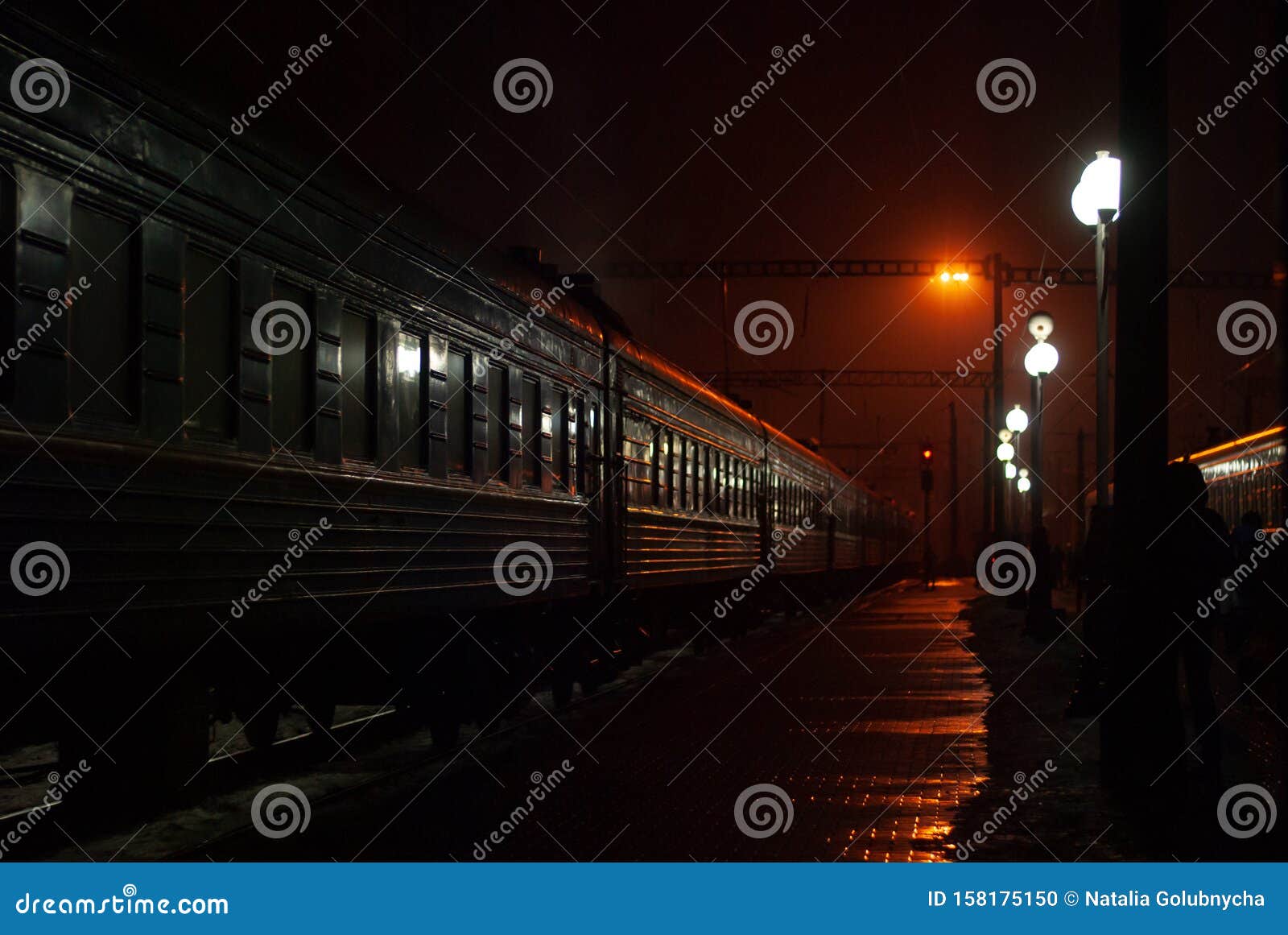 Train on the Platform of the Railway Station at Night Stock Photo ...