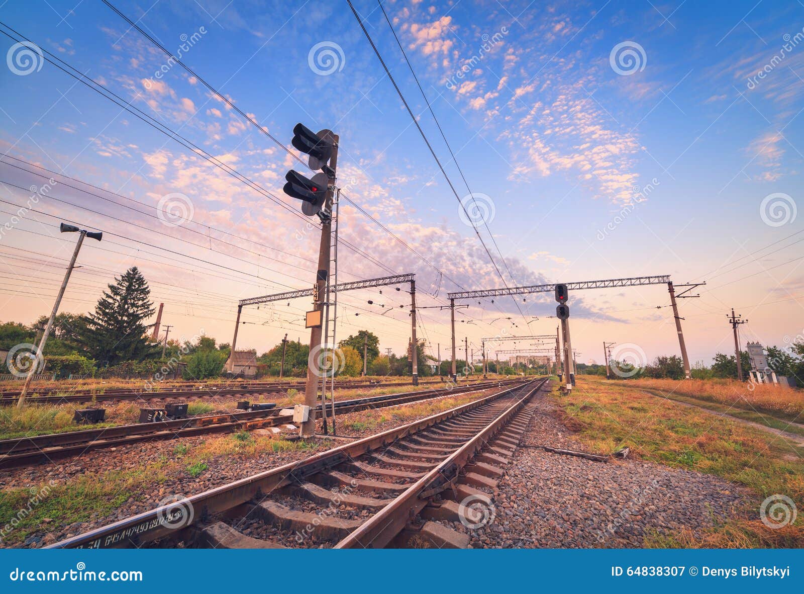 Train Platform and Traffic Light at Sunset. Railroad Stock Image ...
