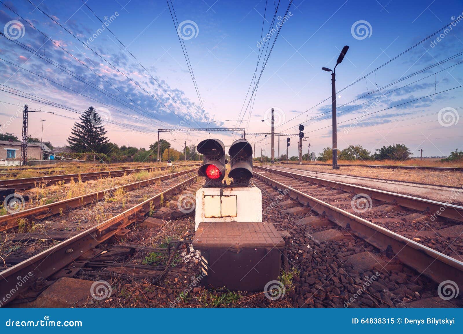 Train Platform and Traffic Light at Sunset. Railroad Stock Image ...