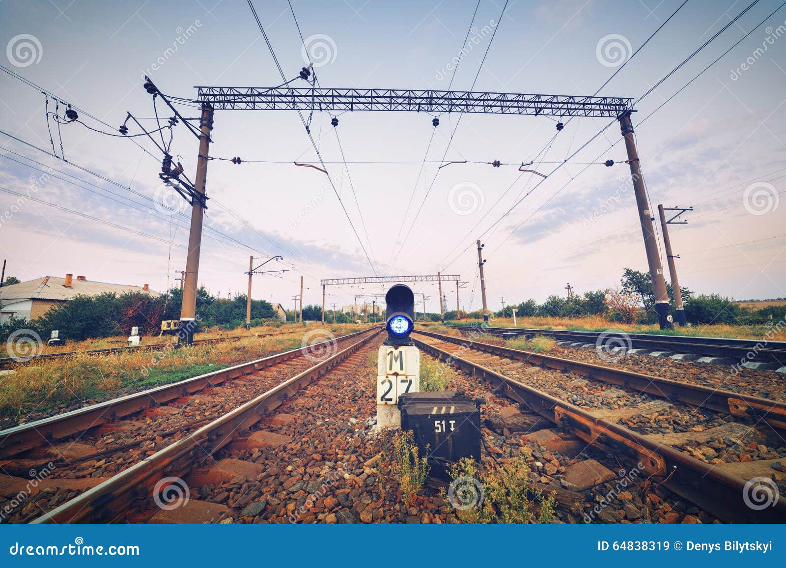 Train Platform and Traffic Light at Sunset. Railroad Stock Image ...