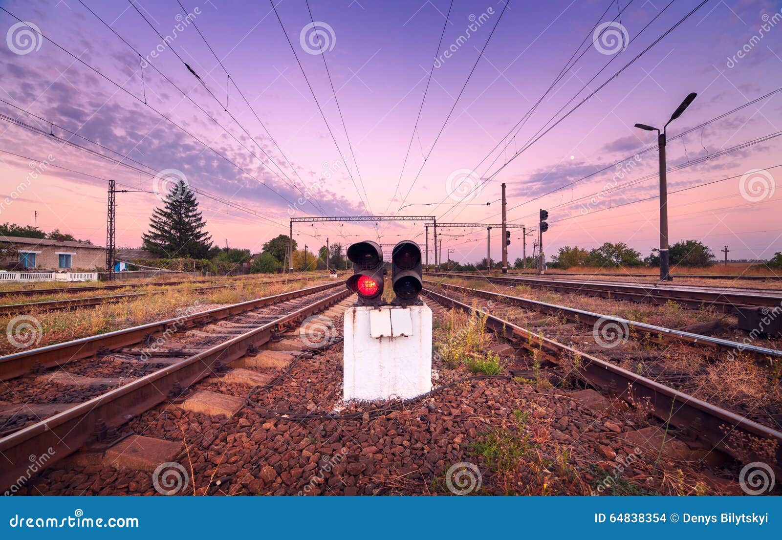 Train Platform and Traffic Light at Sunset. Railroad Stock Photo ...