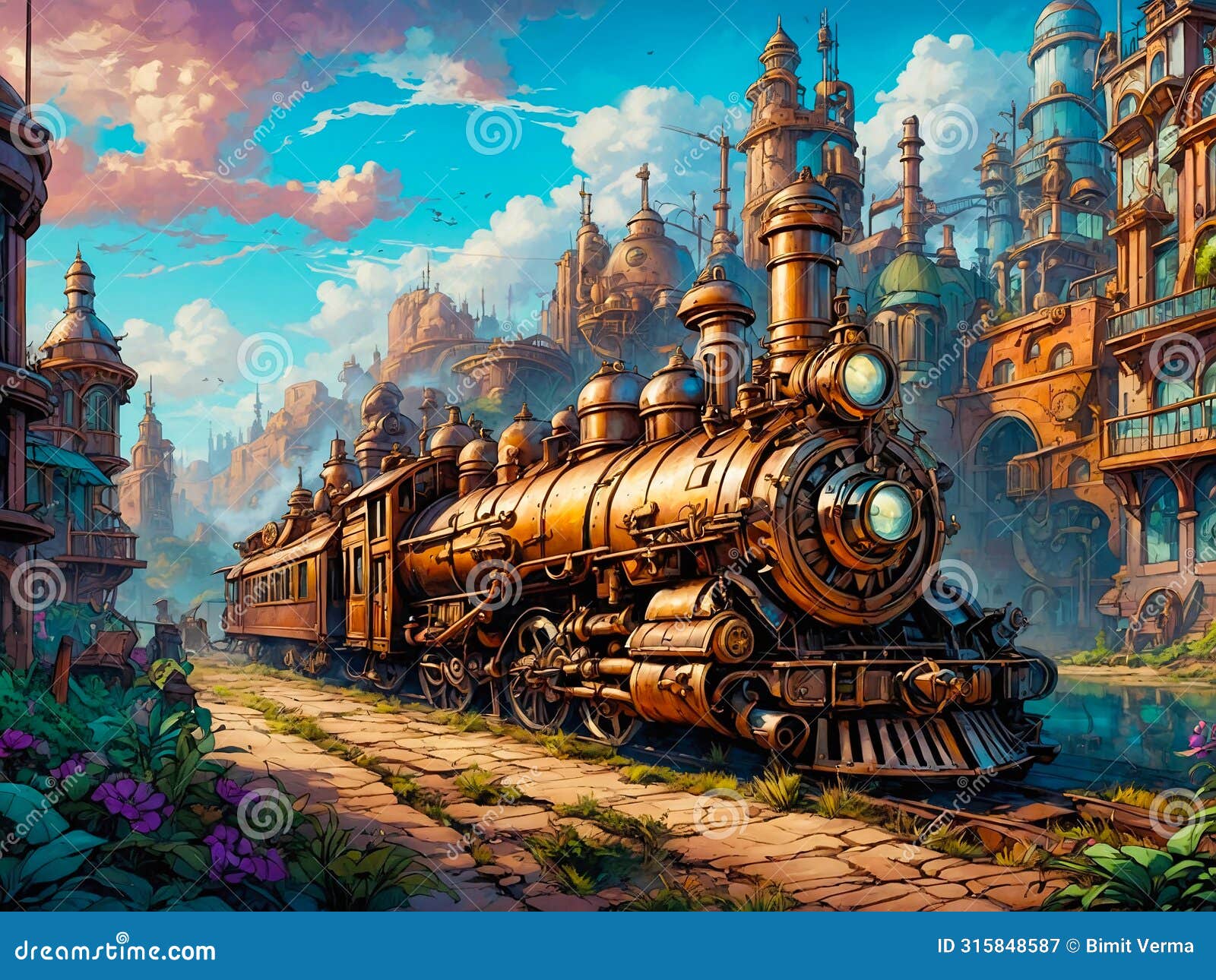 Train Races through Steampunk Landscape, AI Generative Stock ...