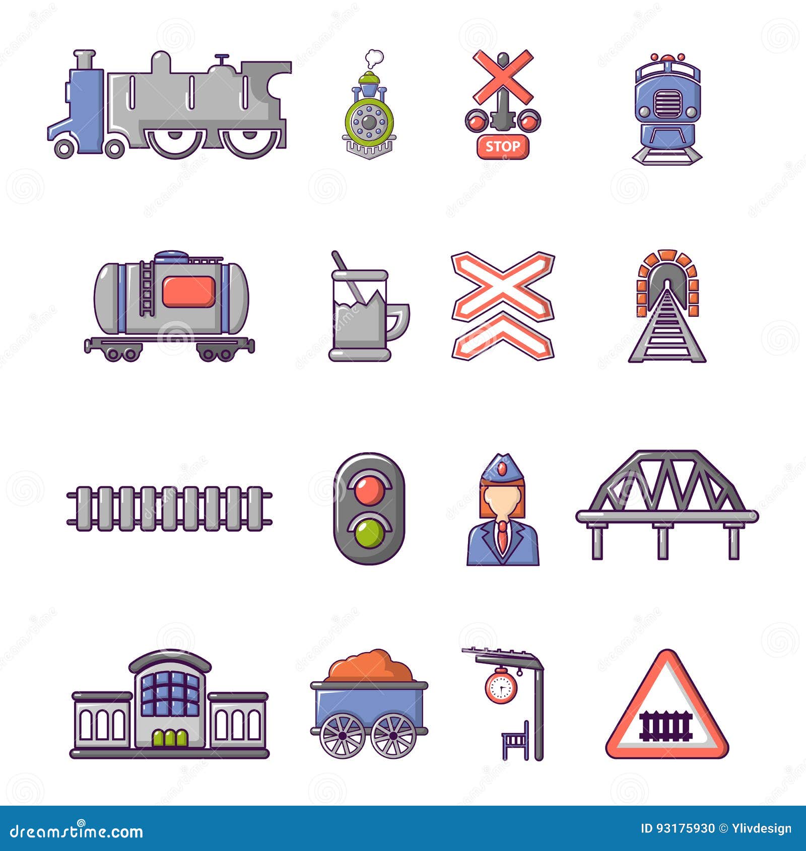 Train Railroad Icons Set, Cartoon Style Stock Vector - Illustration of ...