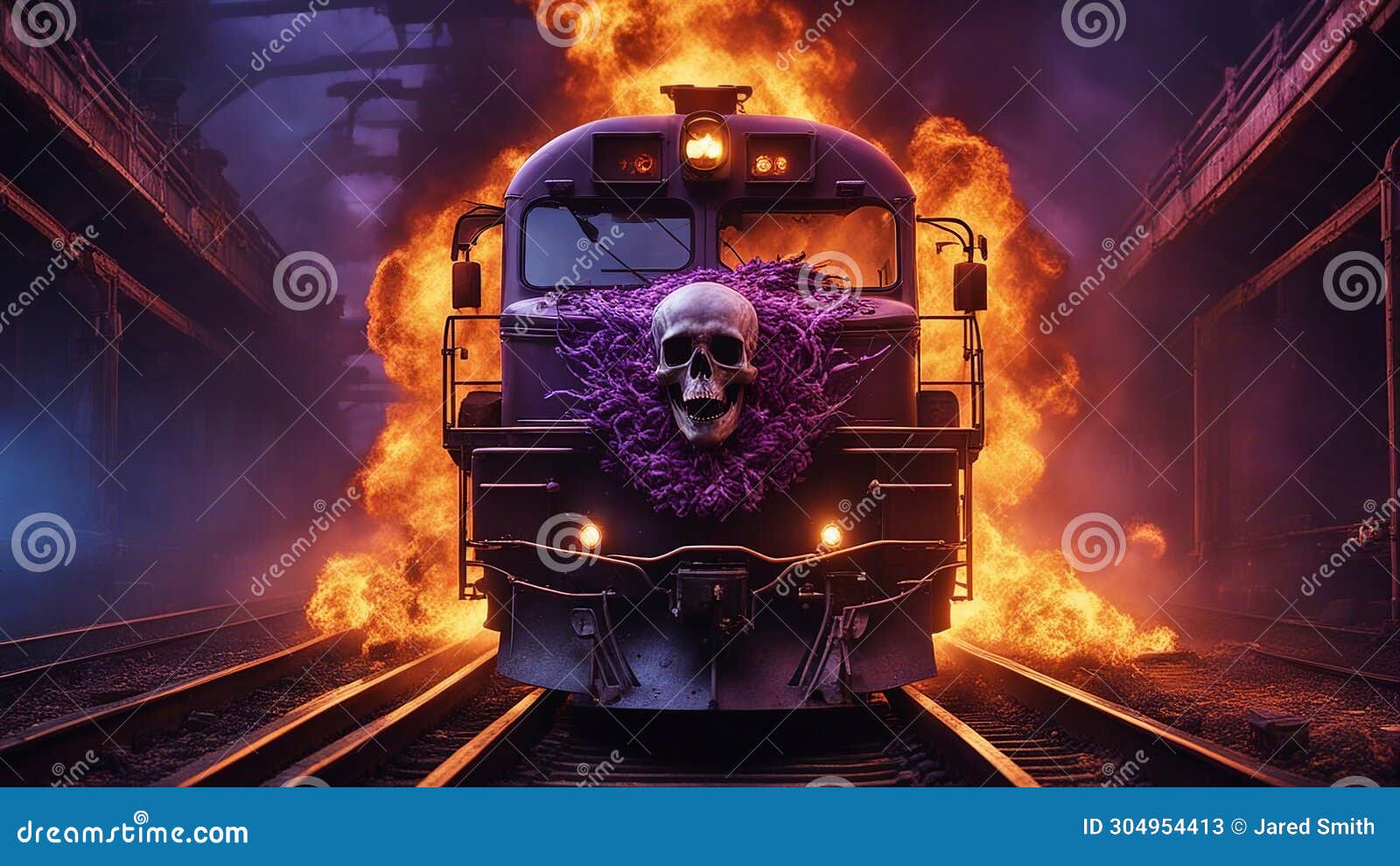 Train on the Rails Burning, Exploding, Skull Train with a Skull a ...