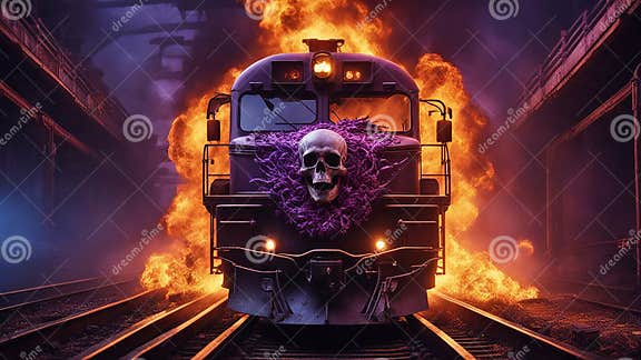 Train on the Rails Burning, Exploding, Skull Train with a Skull a ...