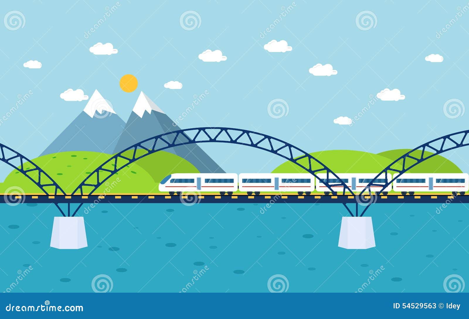 Train on Railway Bridge. Forest and Lake on Stock Vector - Illustration ...