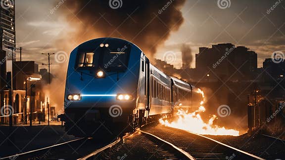 Train on the Railway a on Fire Fast Train Burning, Exploding, on Fire ...