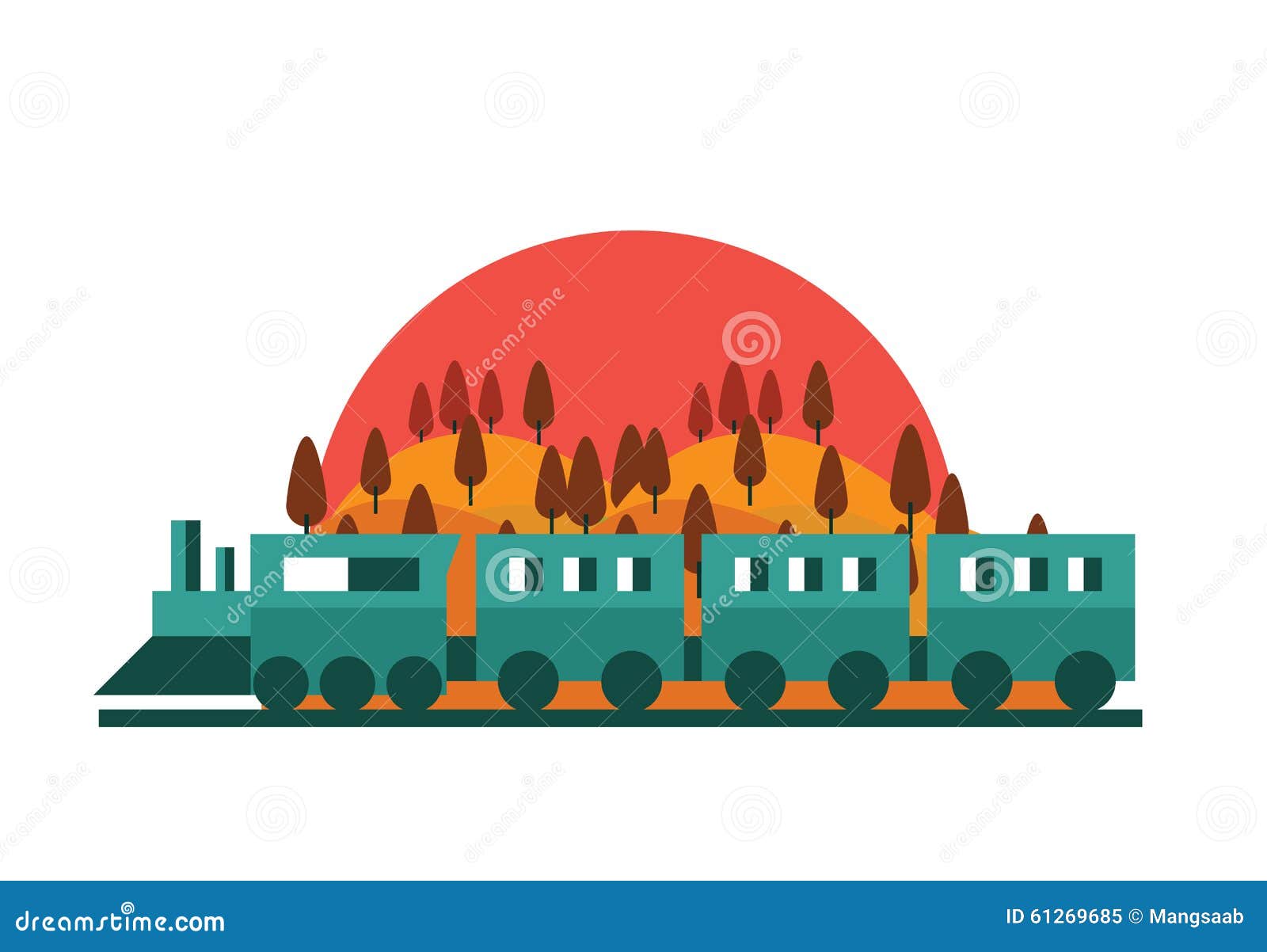 Train, Railway. Forest Landscape with Sunset . Stock Vector ...