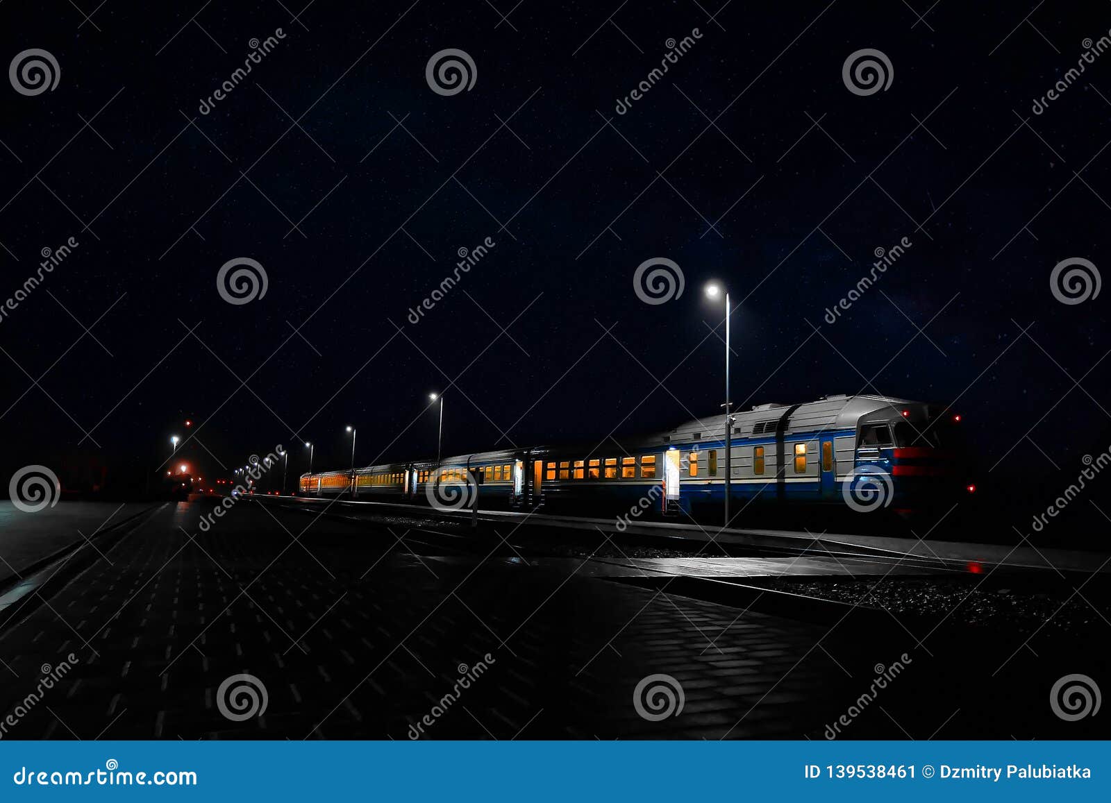Train on the Railway Platform of the Station at Night Stock Image ...
