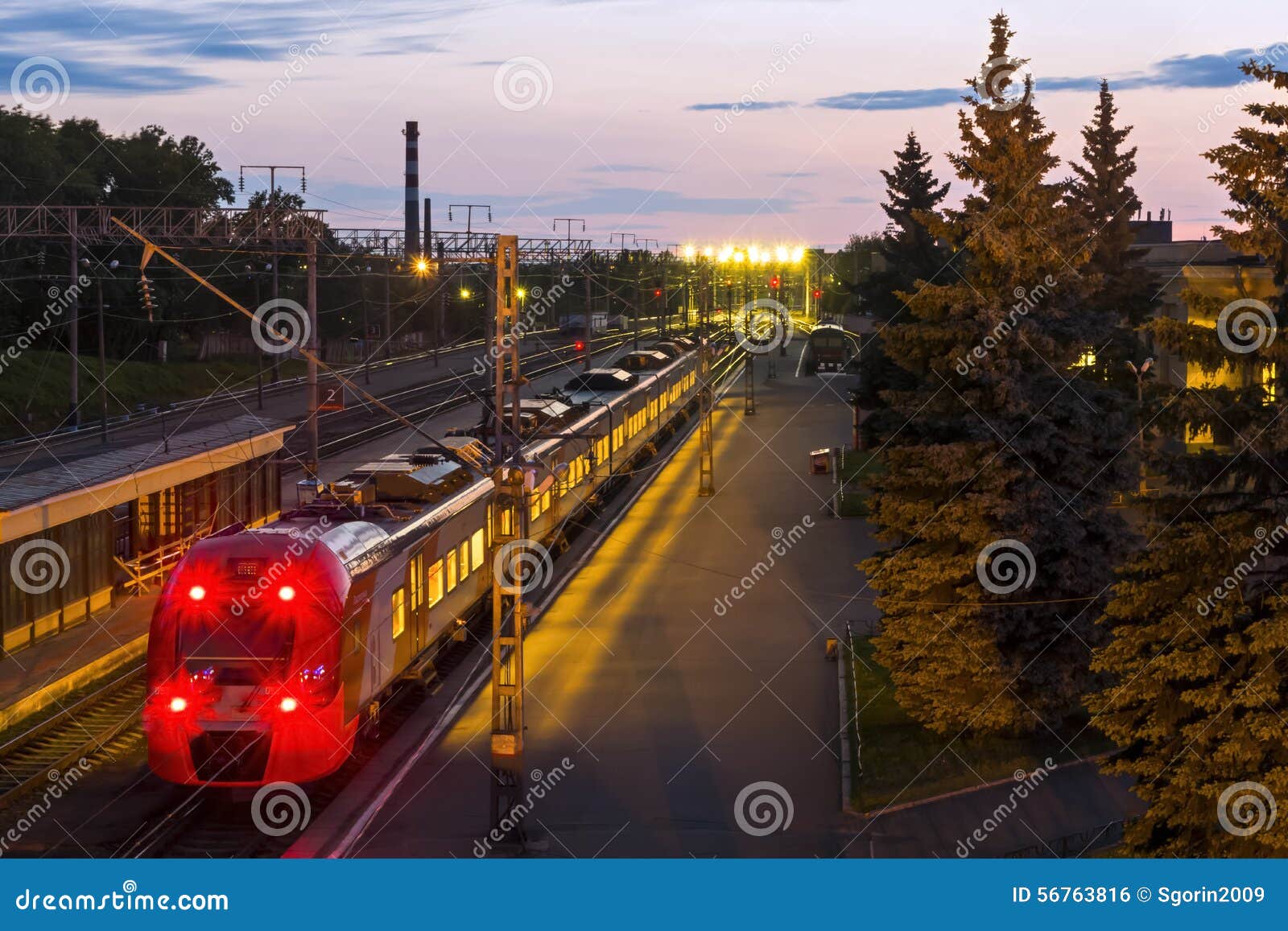 Train on Railway Station at Night Stock Photo - Image of view, evening ...