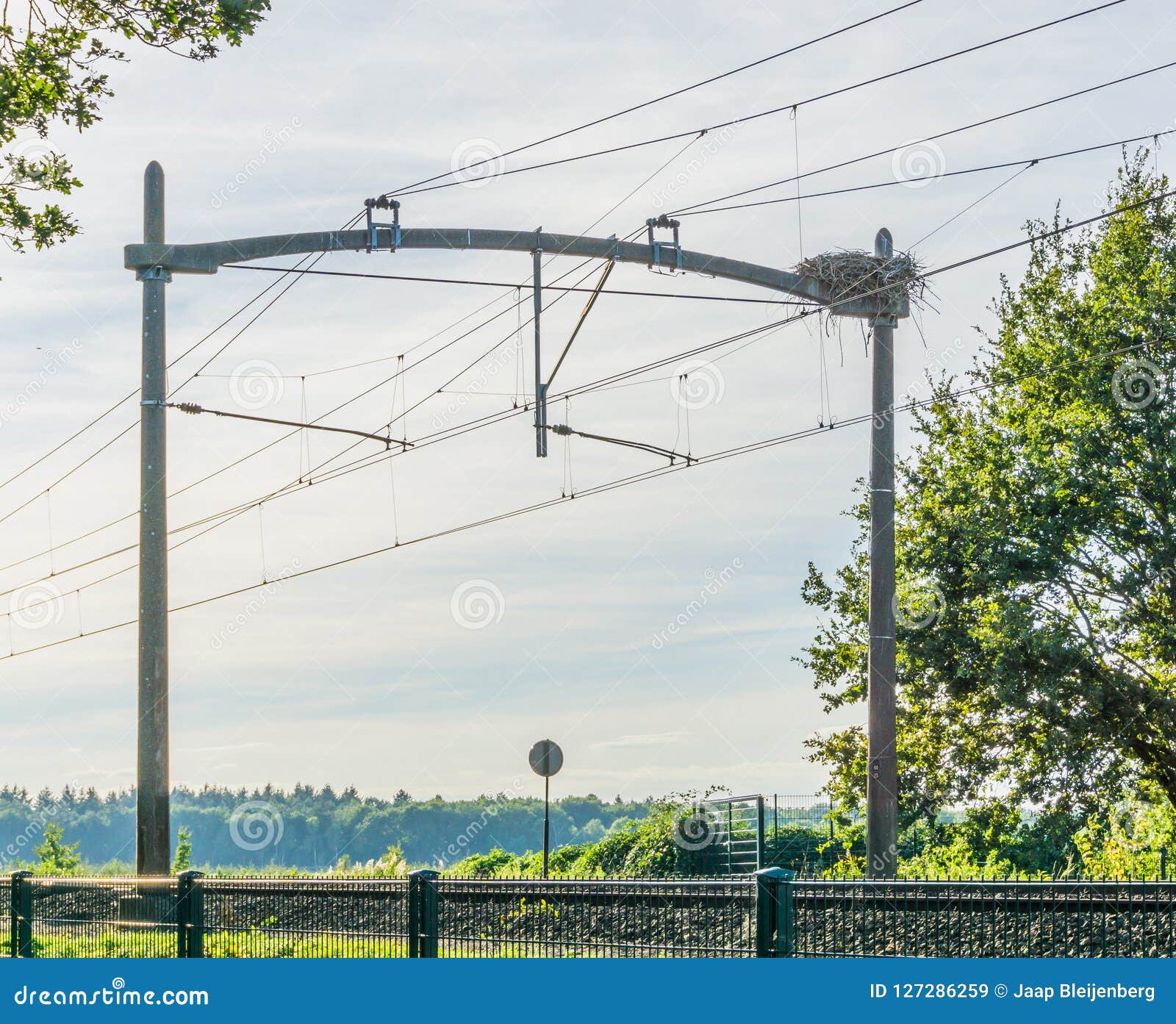 Train Railway with a Stork Bird Nest and Power Cables Stock Image ...