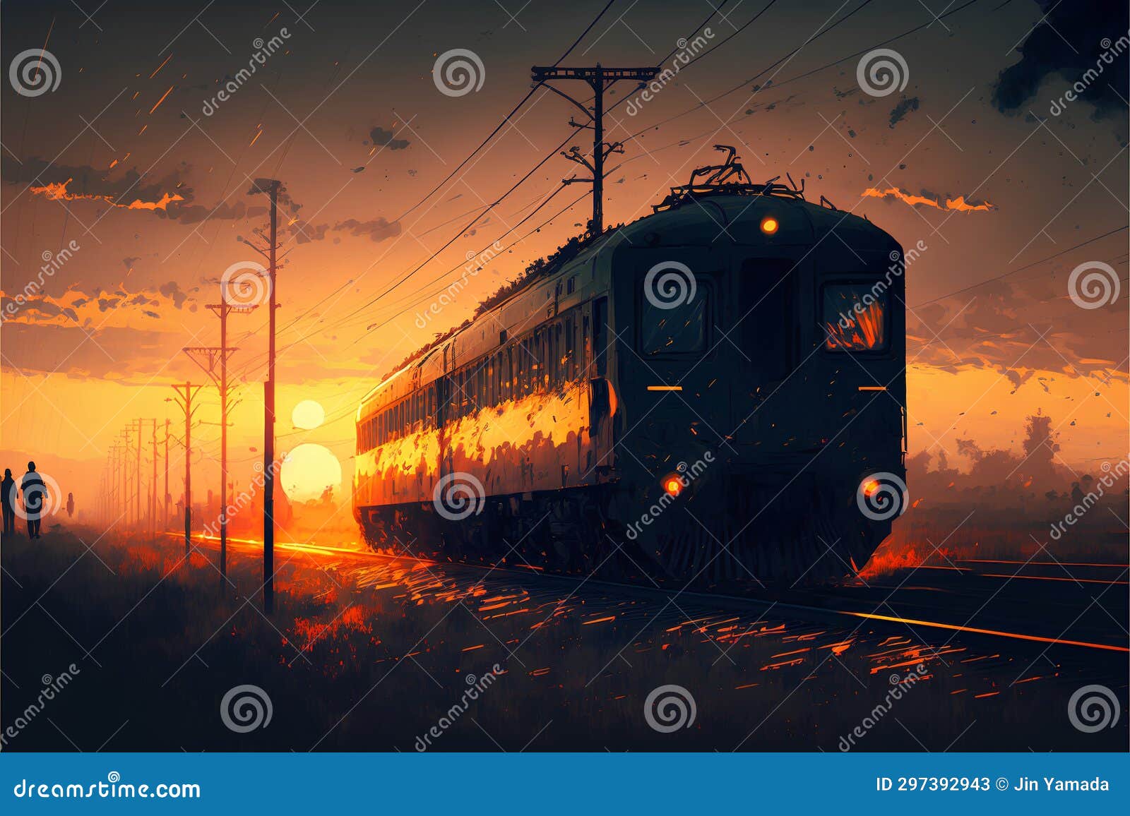 Train On The Railway At Sunset. Digital Painting. Vector Illustration ...