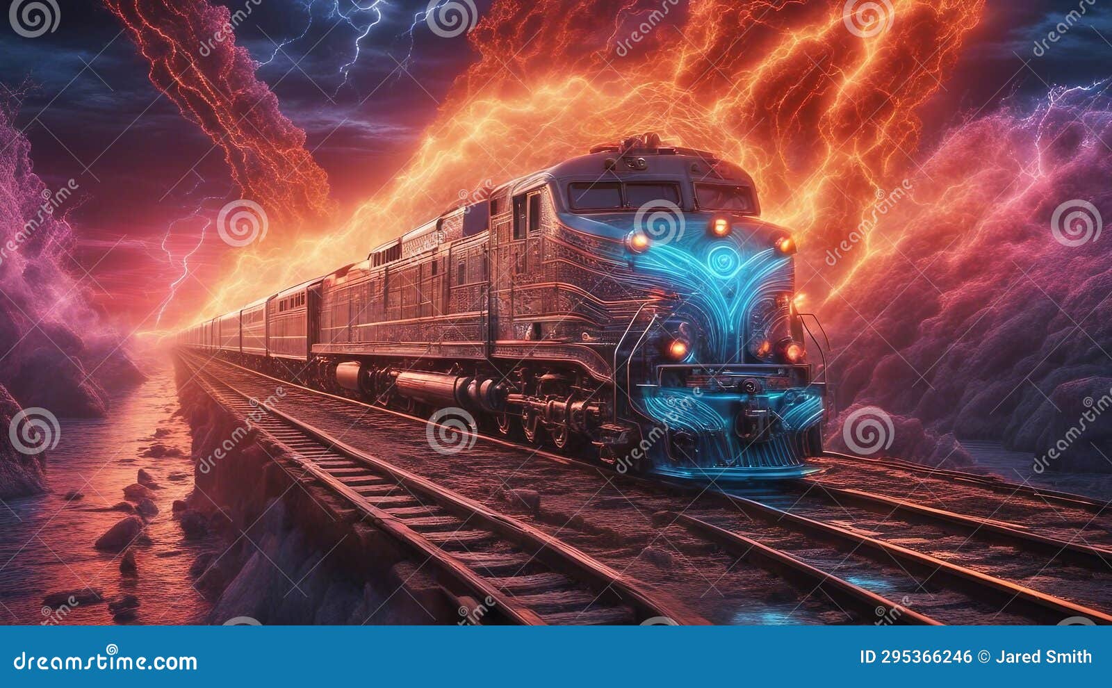 Train on the Railway Train Driving through Fire and Ice, with Lightning ...