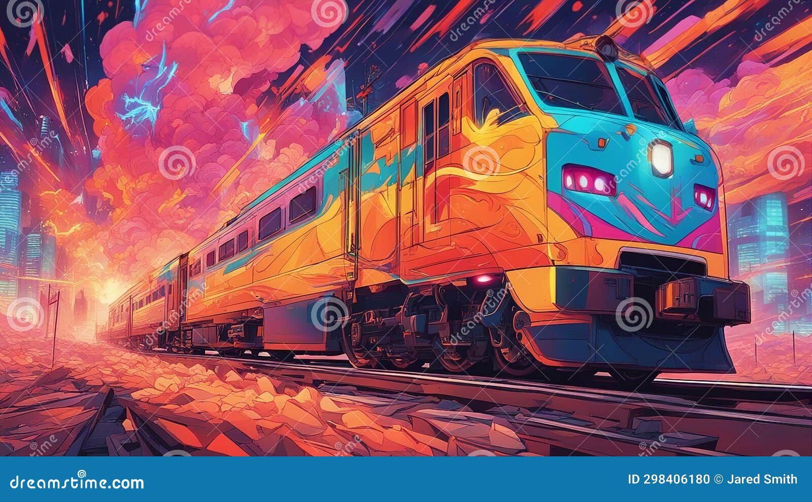 Train on the Railway Train Driving through Fire and Ice, with Lightning ...