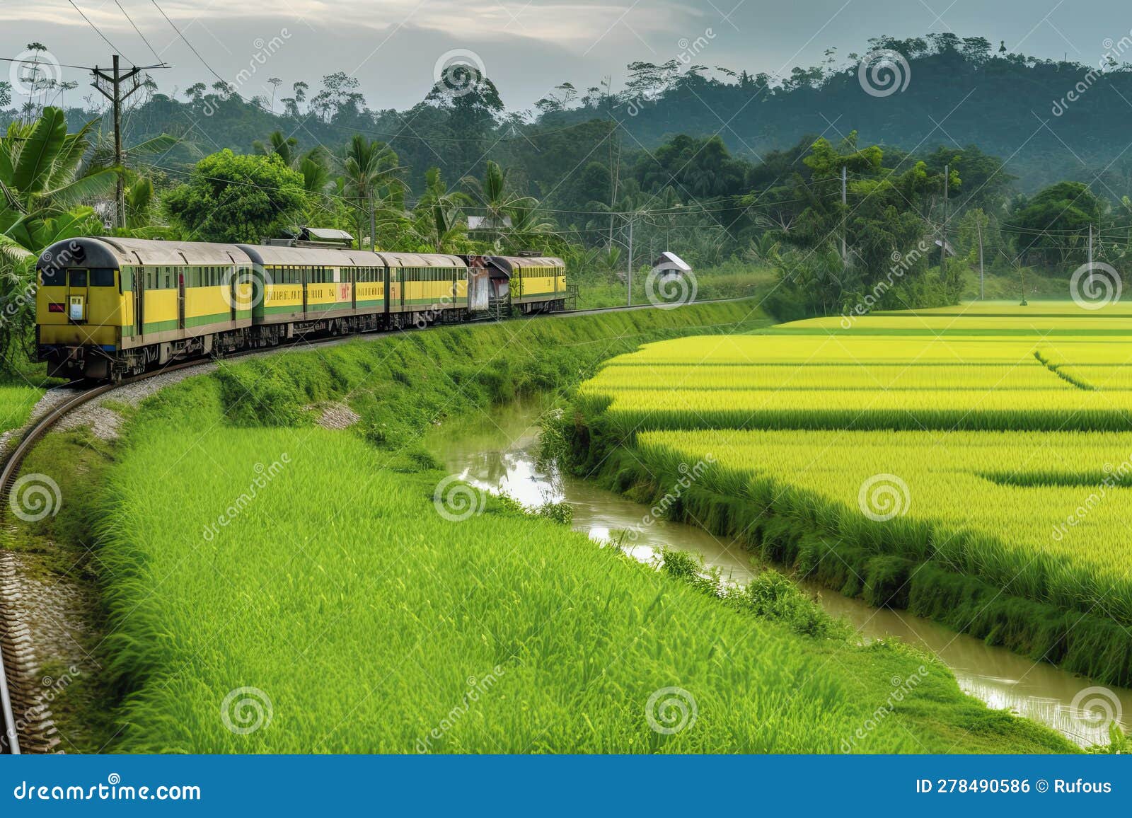 Train and Rice Fields in the Countryside of Southeast Asia Stock Photo ...