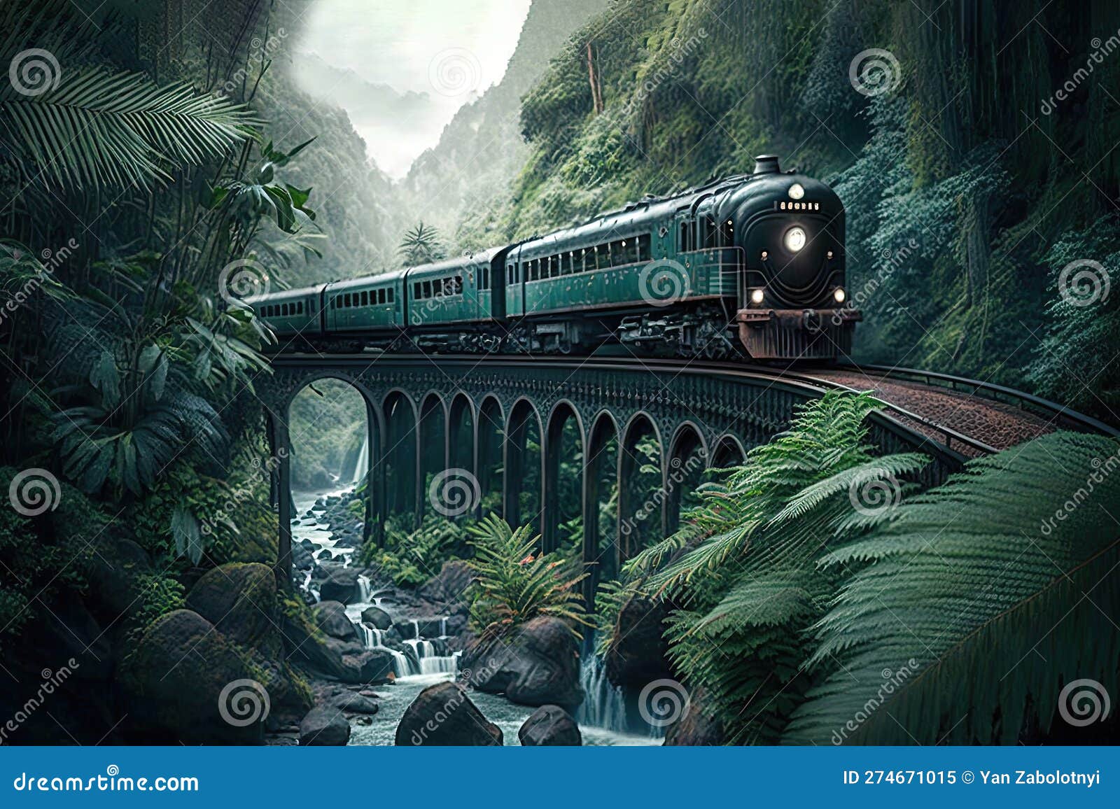 A Train Rides Over a Bridge a Rainforest All Around. Generative AI ...
