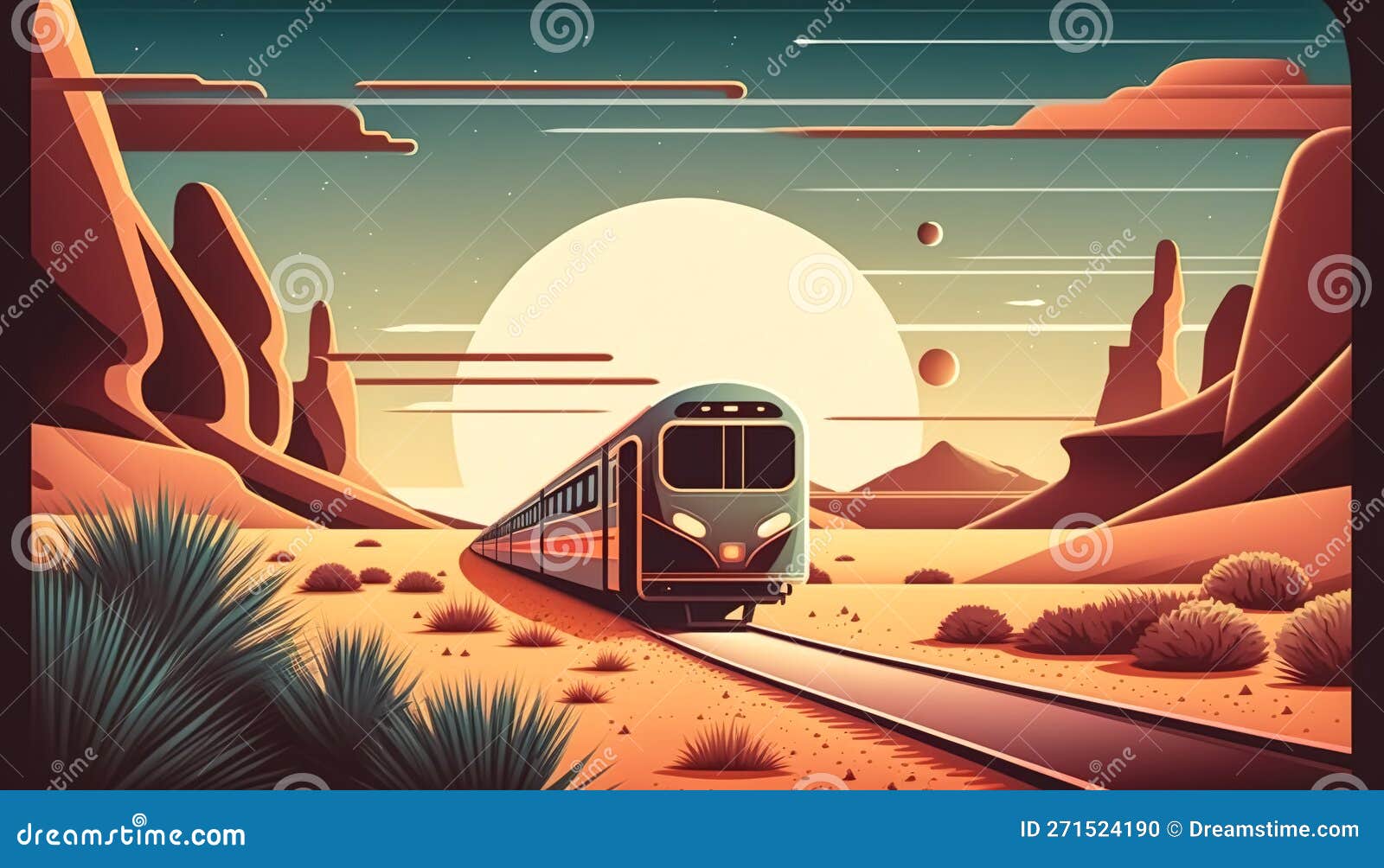 The Train Rides on Rails in the Desert, Generative AI. Stock ...