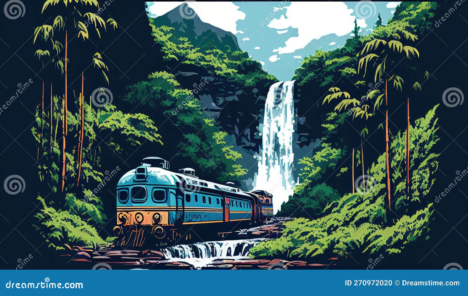 Train Rides through the Rainforest Next To Waterfall, Illustration Art ...