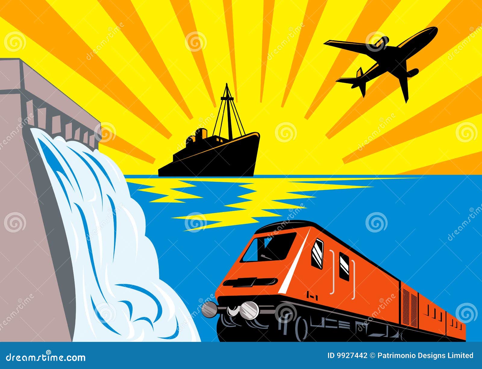 Train with Ship, Plane and Dam Stock Illustration - Illustration of ...