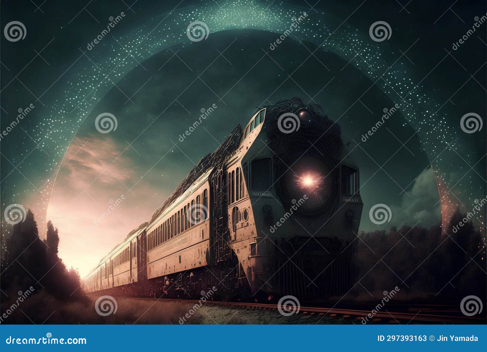 Train in the Sky with Stars and an Arch. 3d Rendering Stock ...