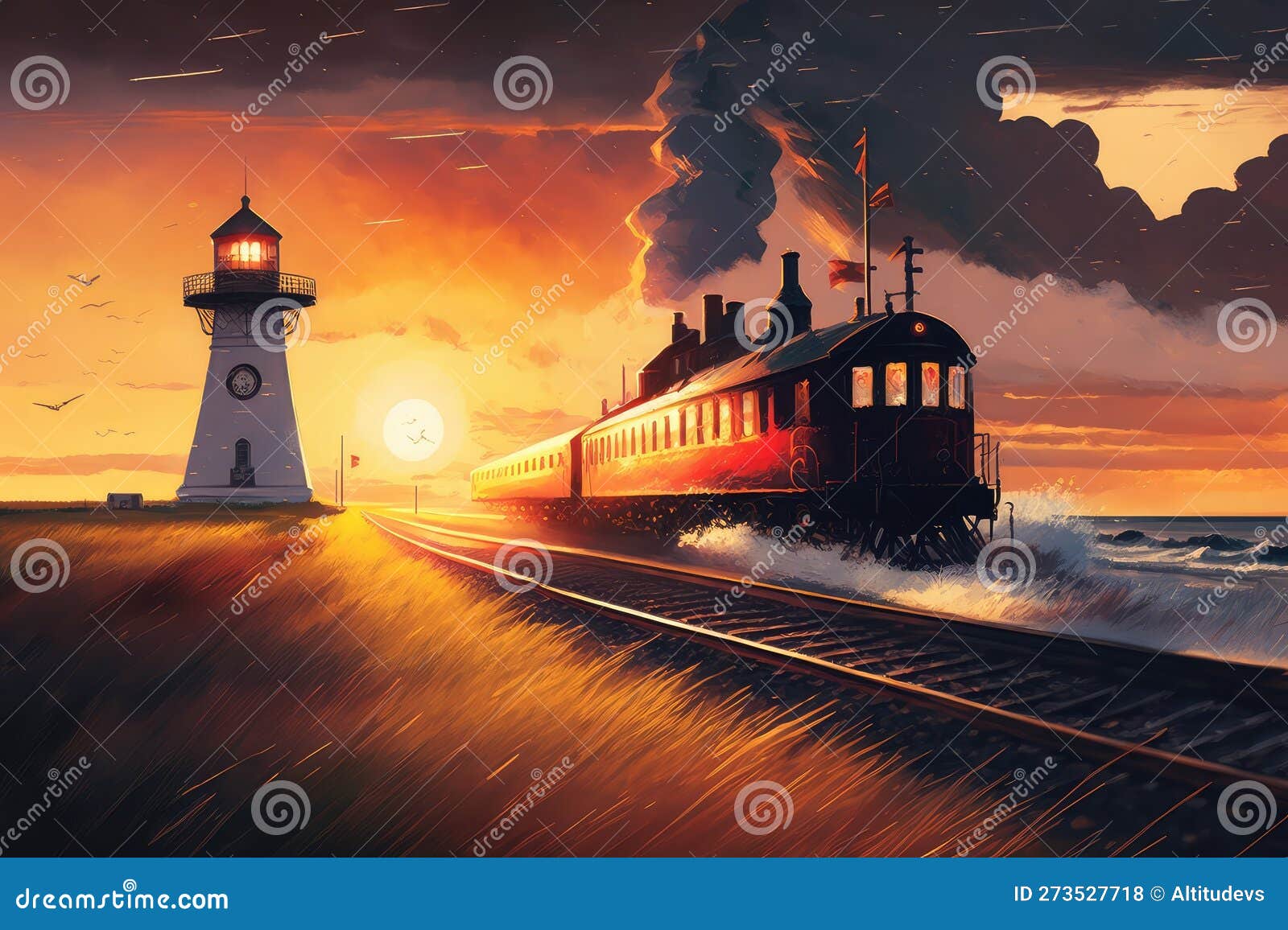 Train Speeding Past Lighthouse, with the Sun Setting on the Horizon ...