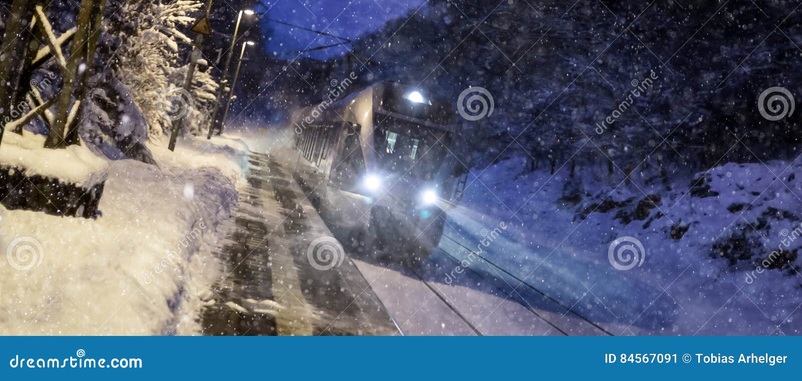 Train Speeding in a Snowy Winter Night Stock Image - Image of evening ...