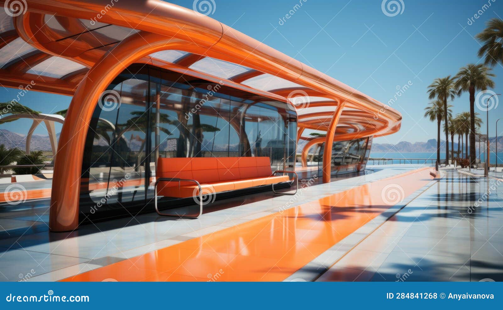 A Train Station with a Bench and Palm Trees. Digital Image. Stock ...