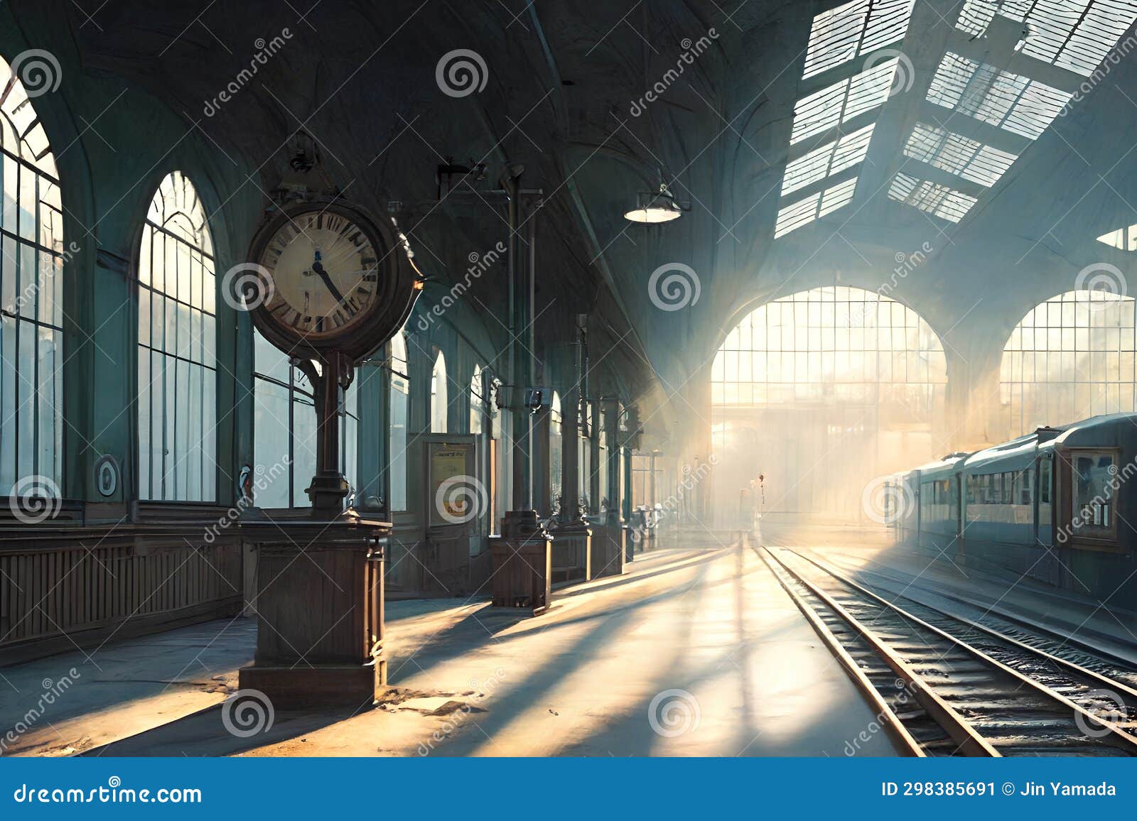 Train Station with Clock in the Rays of the Rising Sun. 3d Rendering ...