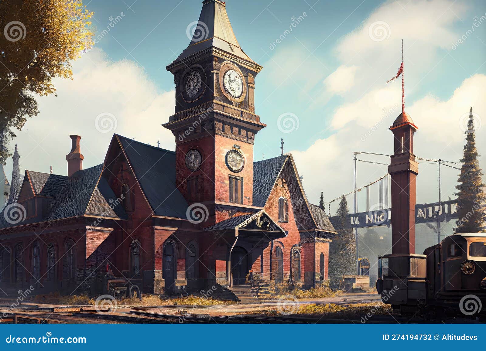 Train Station with Clock Tower, Old-fashioned Train Rolling in Stock ...