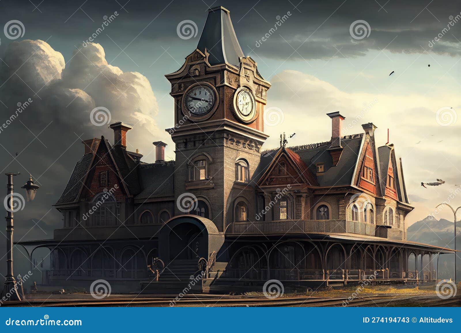 Train Station with Clock Tower, Old-fashioned Train Rolling in Stock Illustration - Illustration ...