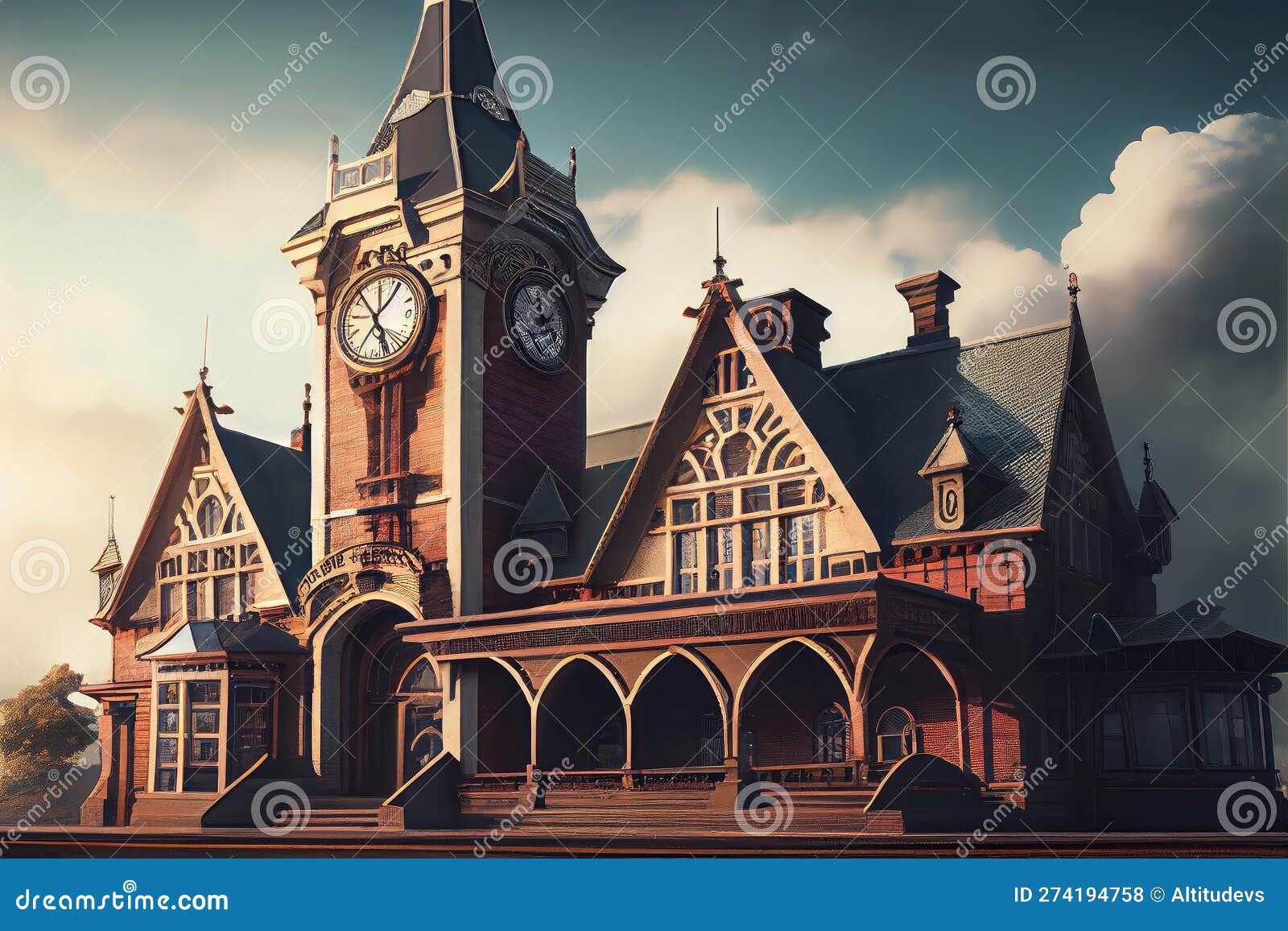 Train Station with Clock Tower, Old-fashioned Train Rolling in Stock ...