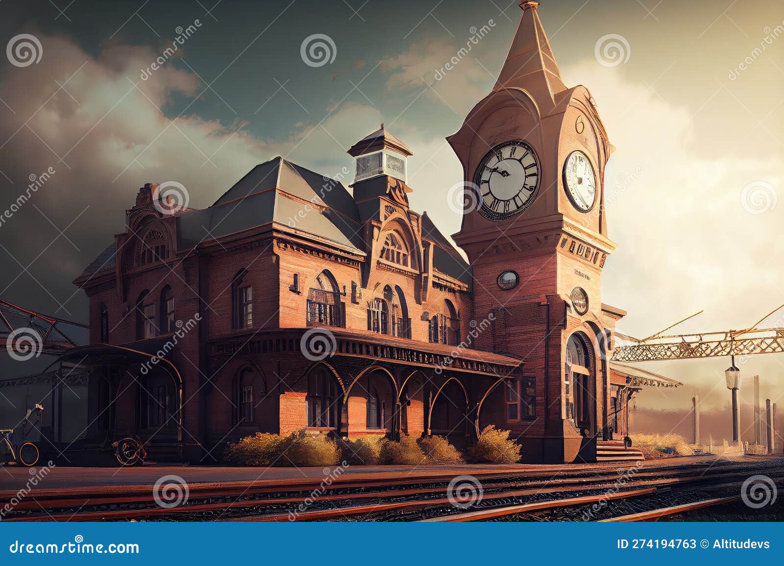 Train Station with Clock Tower, Old-fashioned Train Rolling in Stock ...