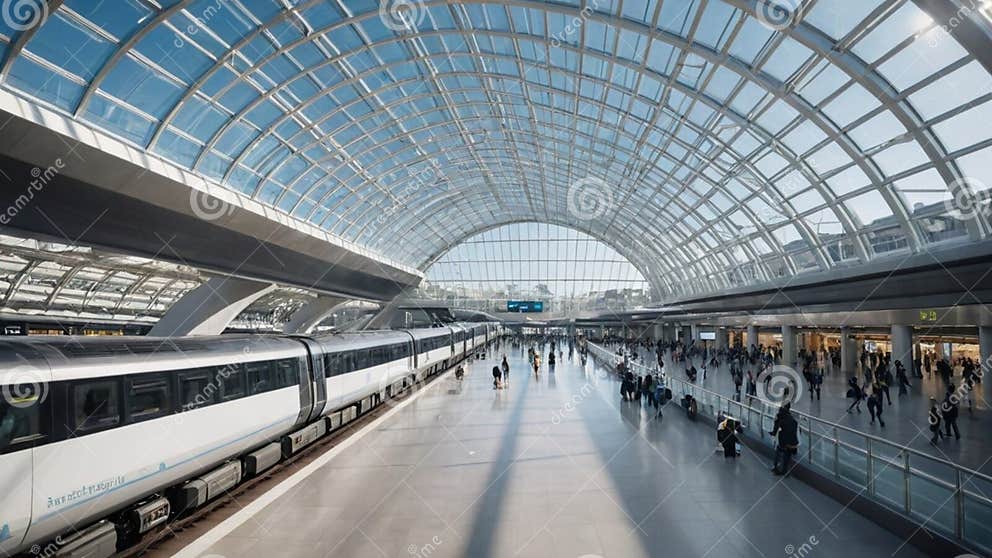 A Train Station with Large Glass Ceiling, Sweeping Structures ...