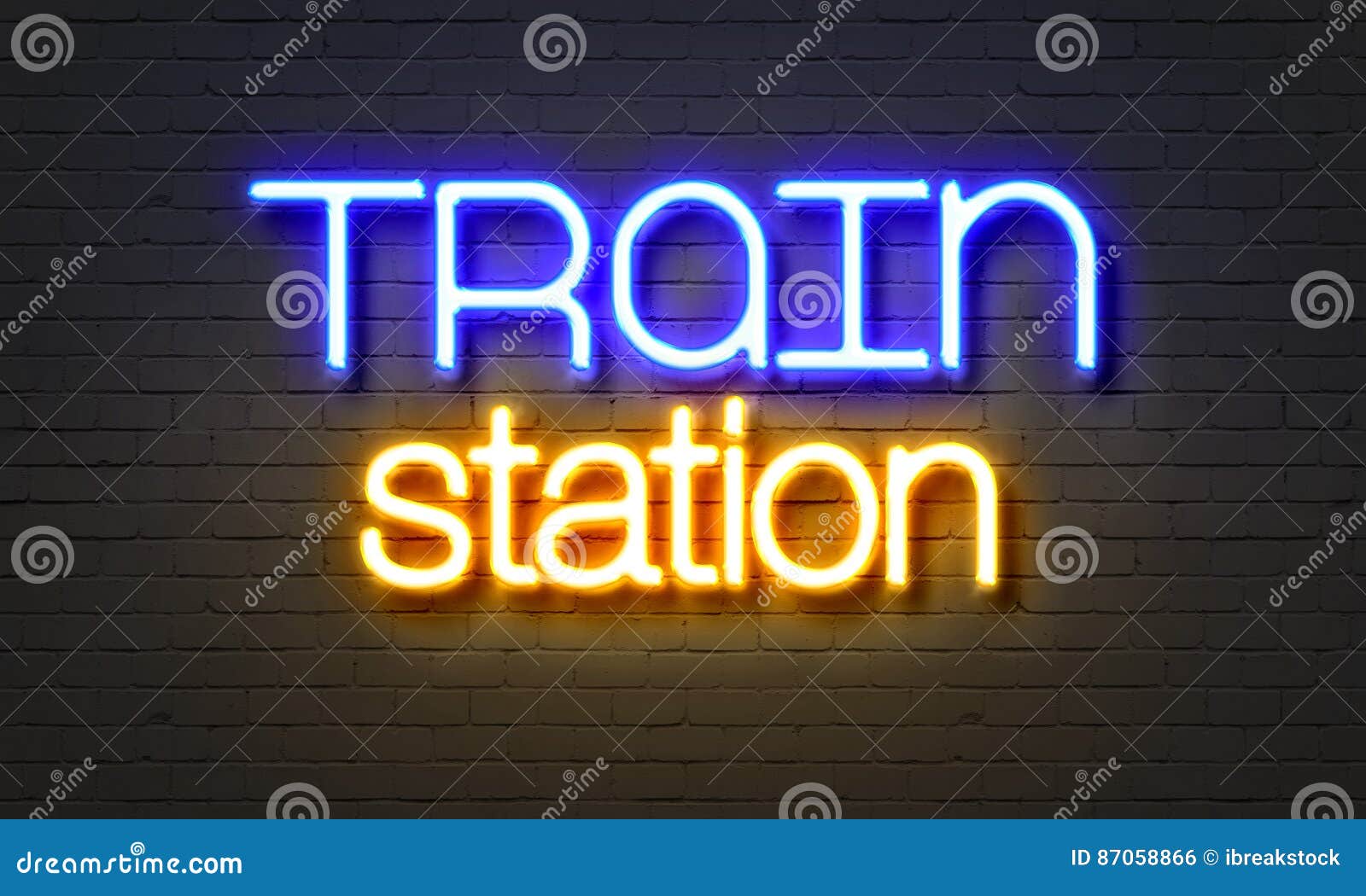 Train Station Neon Sign on Brick Wall Background. Stock Photo - Image ...