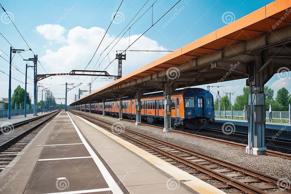 Train Station Platform, with Train Approaching and Passengers Boarding ...