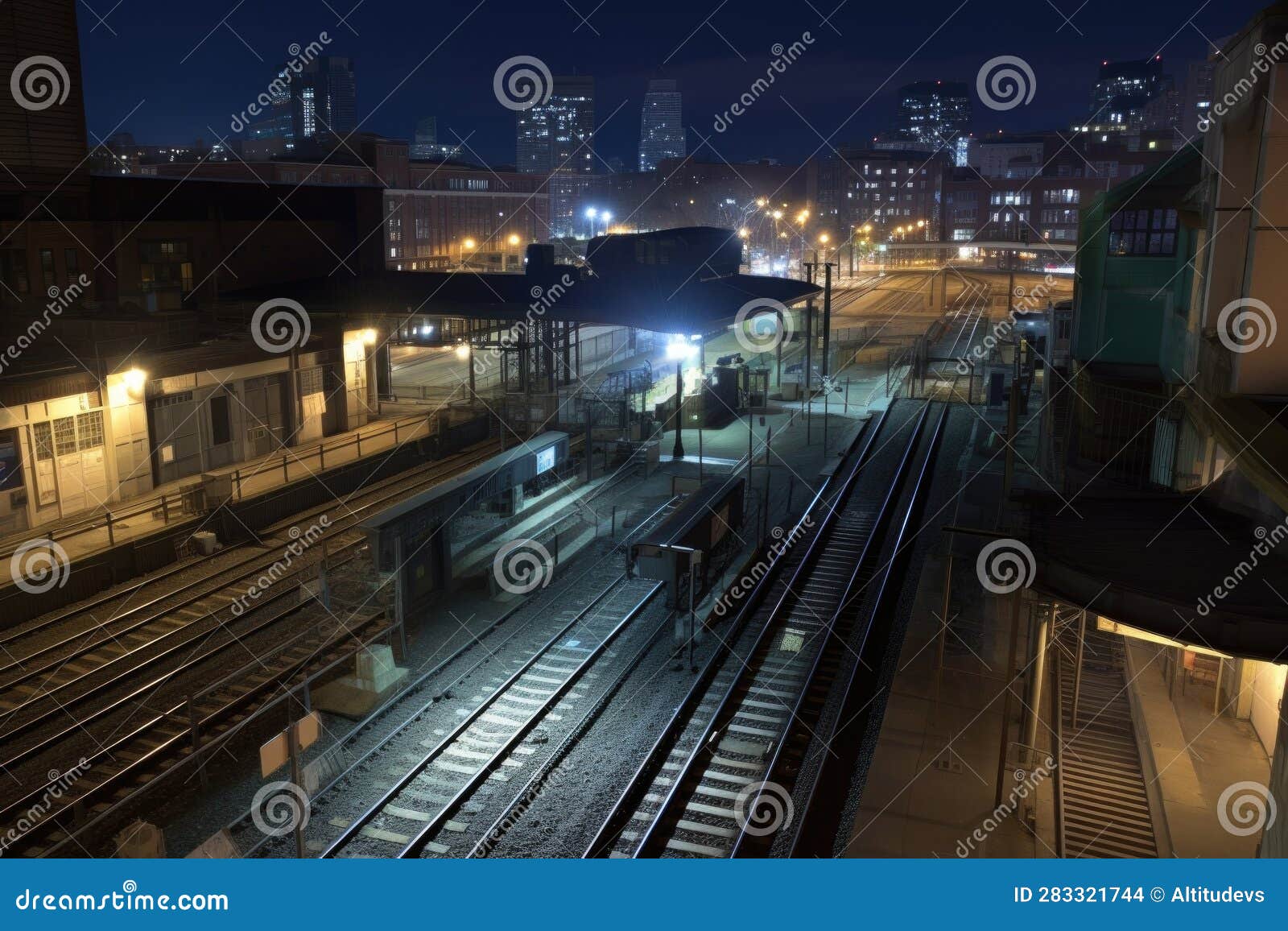Train Station Platform, with View of Bustling Cityscape, at Night Stock ...