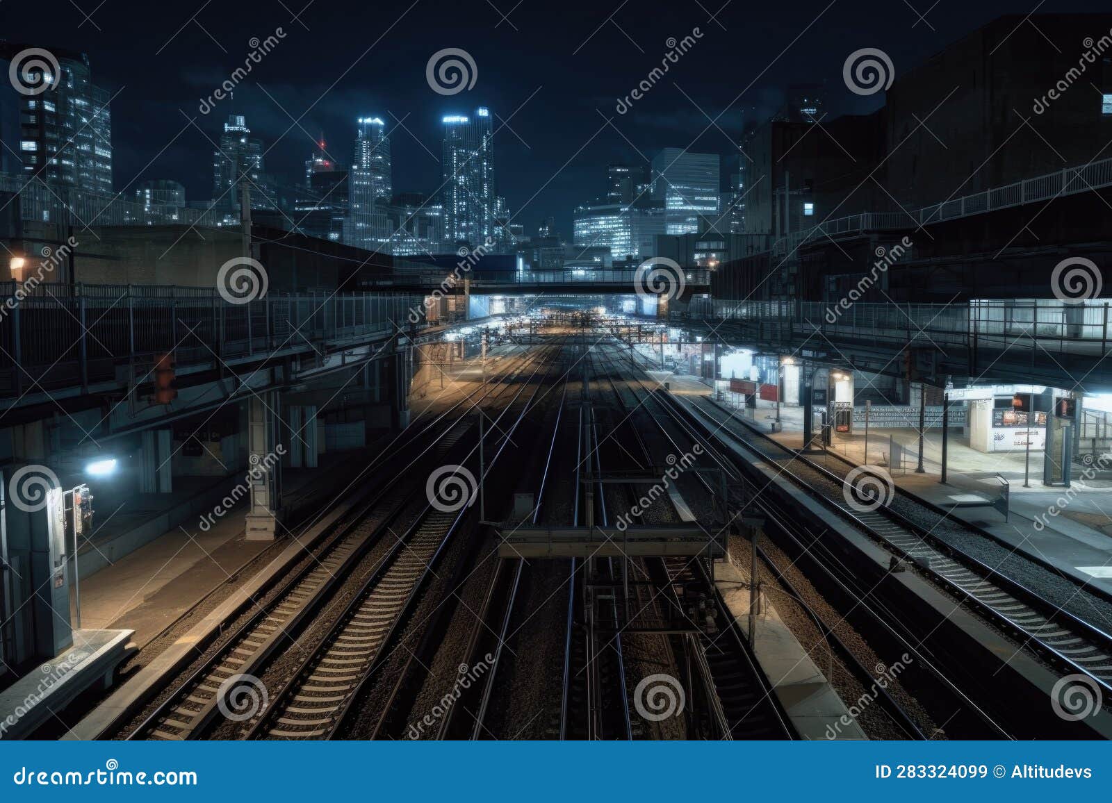 Train Station Platform, with View of Bustling Cityscape, at Night Stock ...