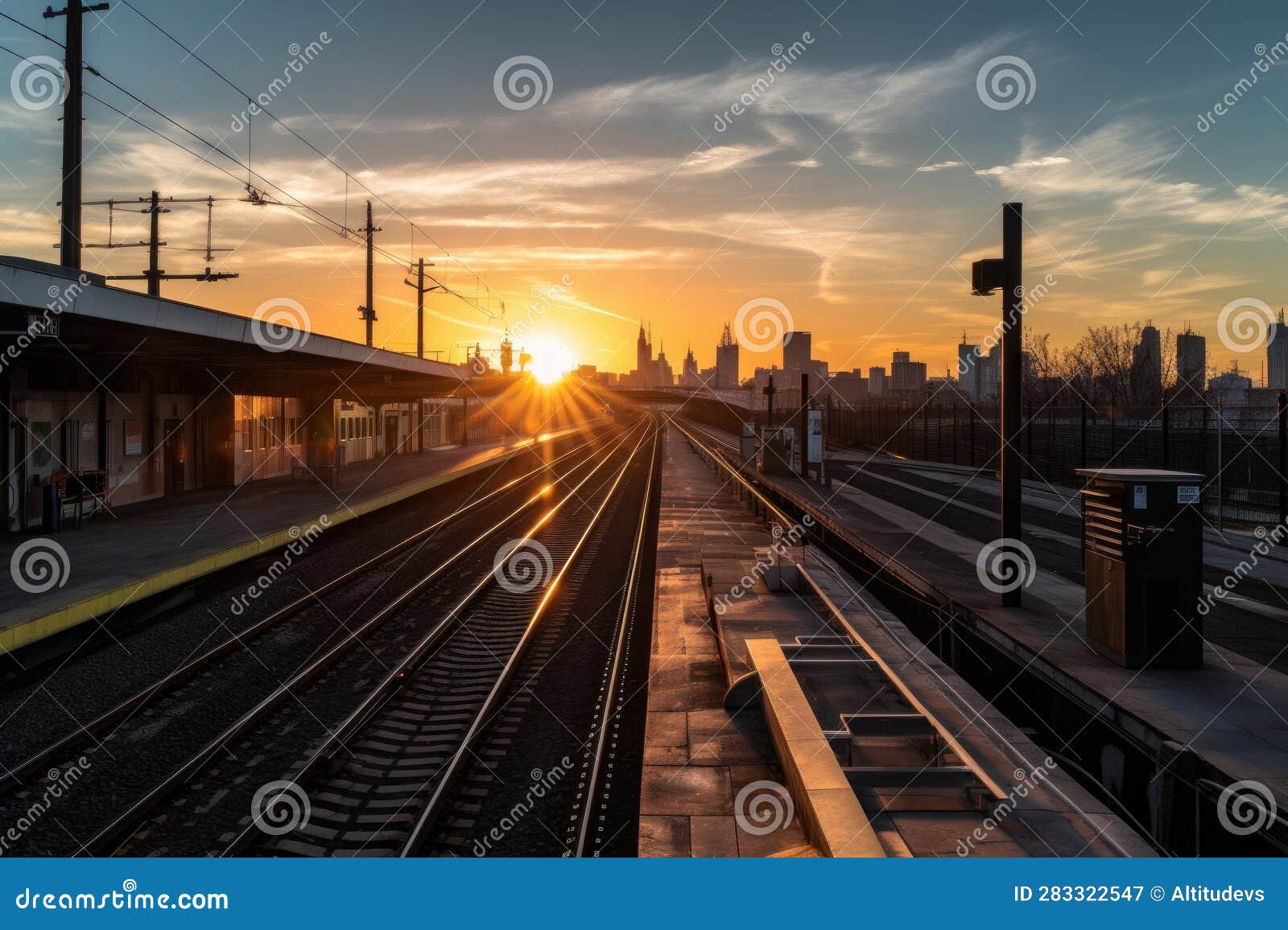 Train Station Platform, with View of the City Skyline and Sunset Stock ...