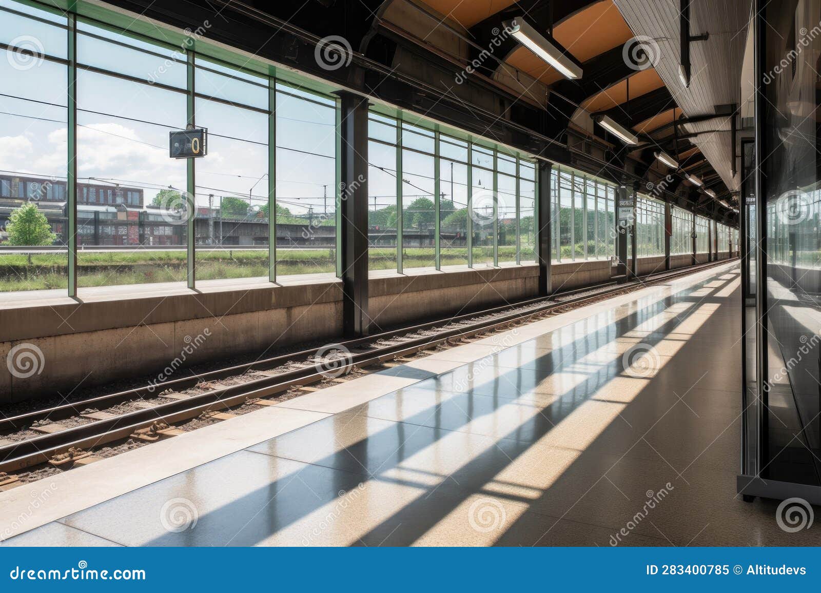 Train Station Platform, with View of Passing Train, and Reflection of ...