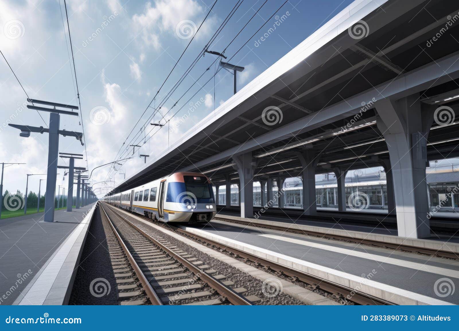Train Station Platform, with View of Sleek High-speed Train Pulling ...