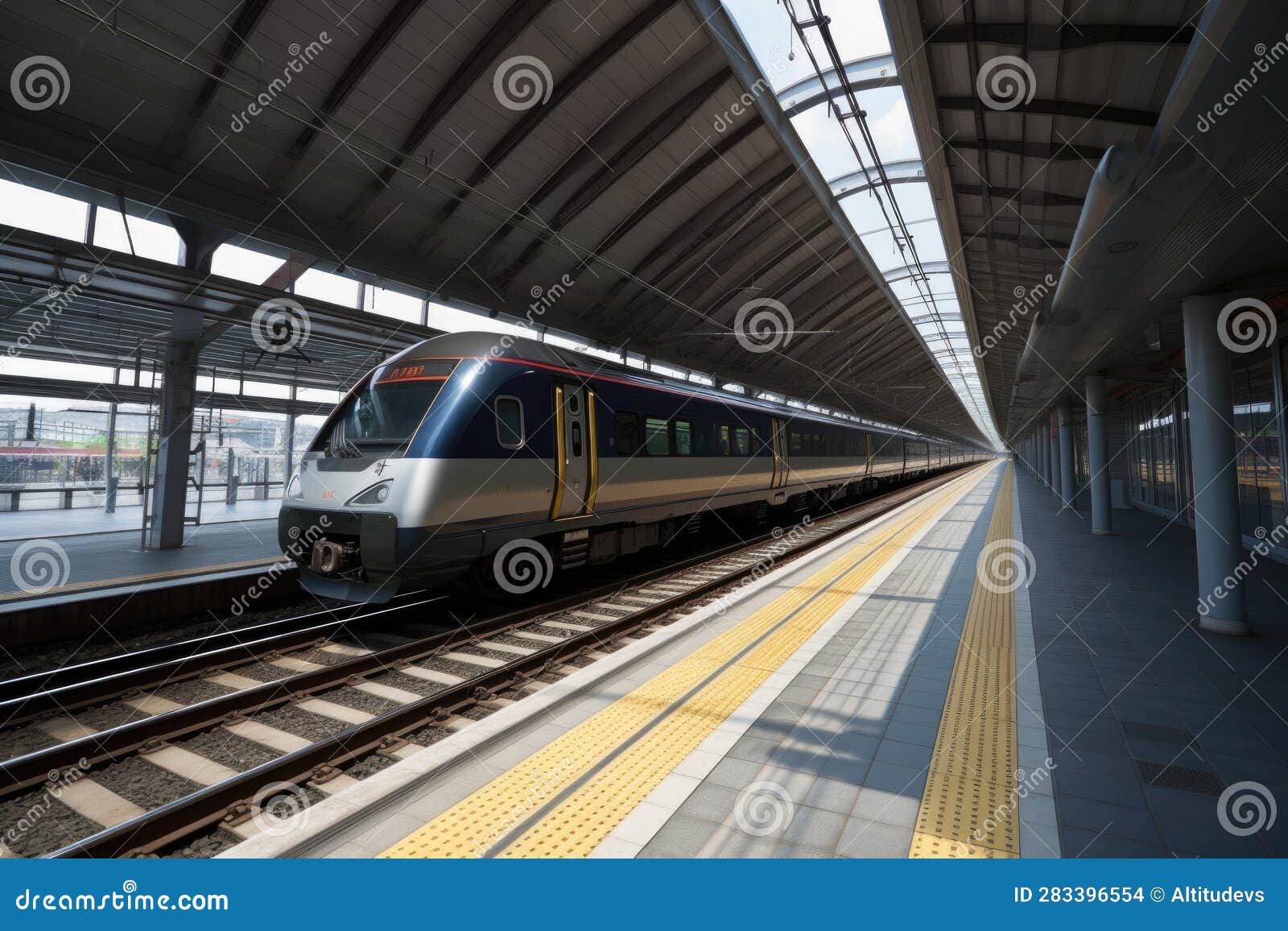 Train Station Platform, with View of Sleek High-speed Train Pulling ...