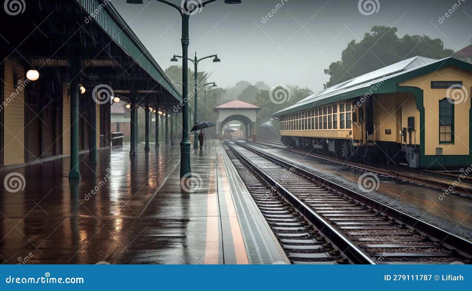 A Train Station with a Train on the Tracks in the Rain. Generative AI ...