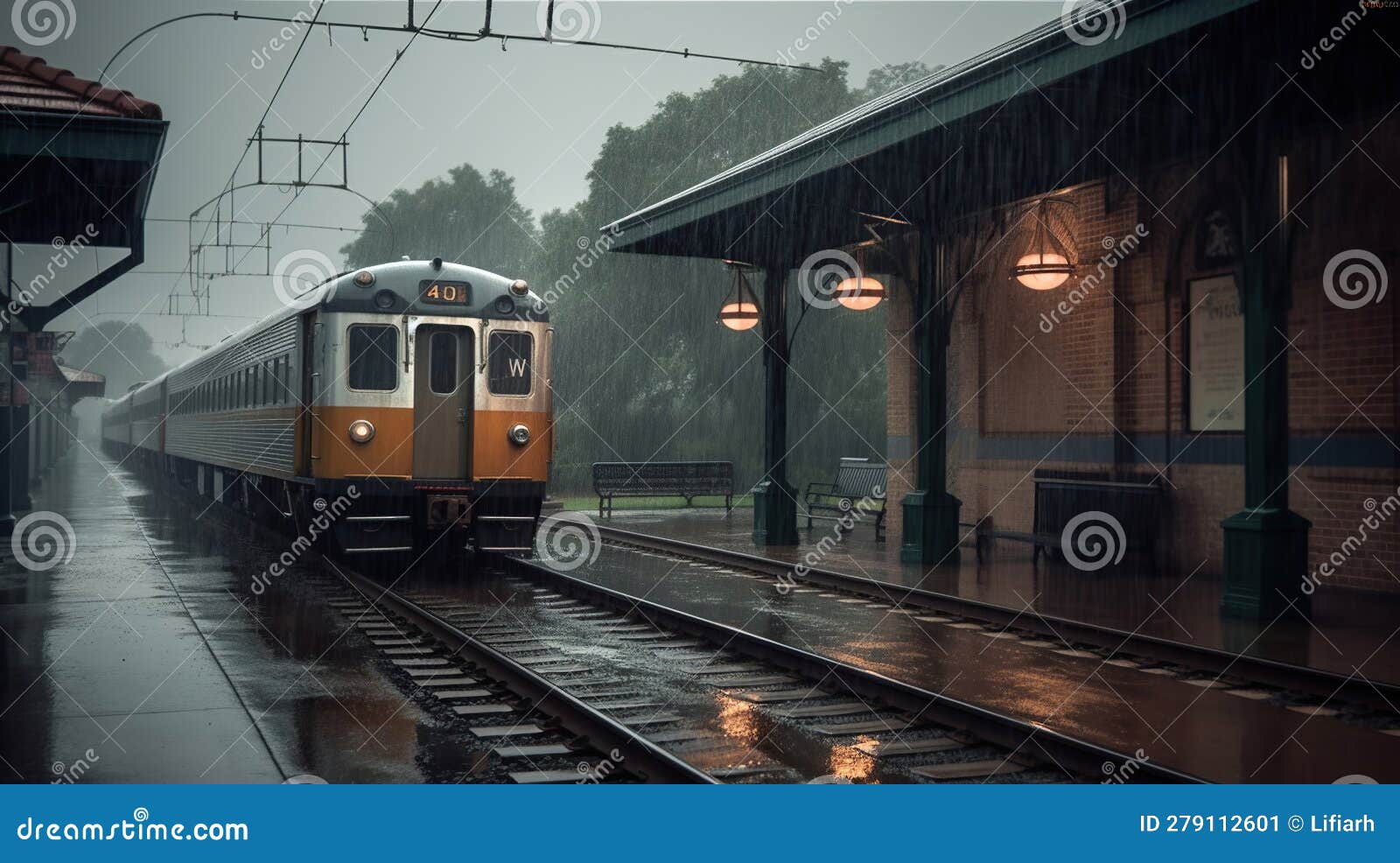 A Train Station with a Train on the Tracks in the Rain. Generative AI ...