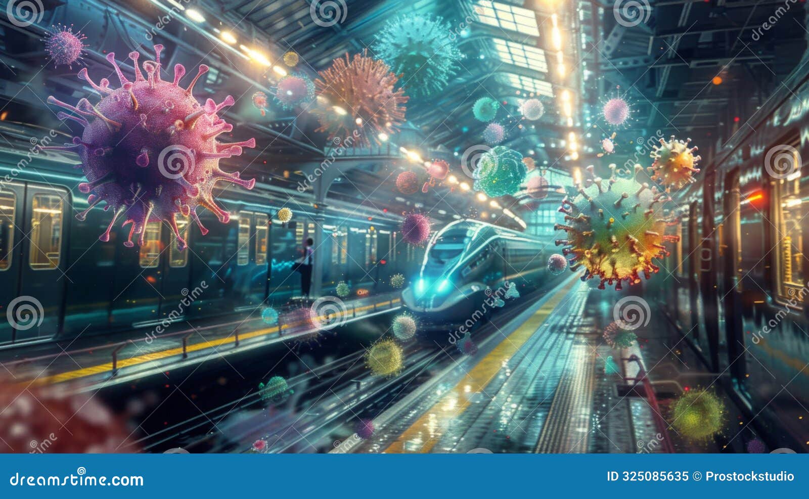 Train Station with Virus Particles Stock Image - Image of particle ...