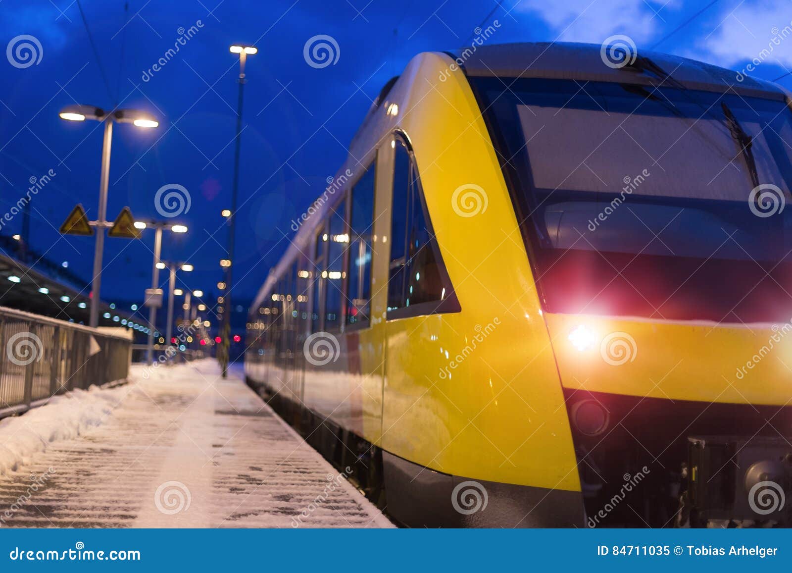 Train at the Station in Winter Stock Image - Image of lights ...