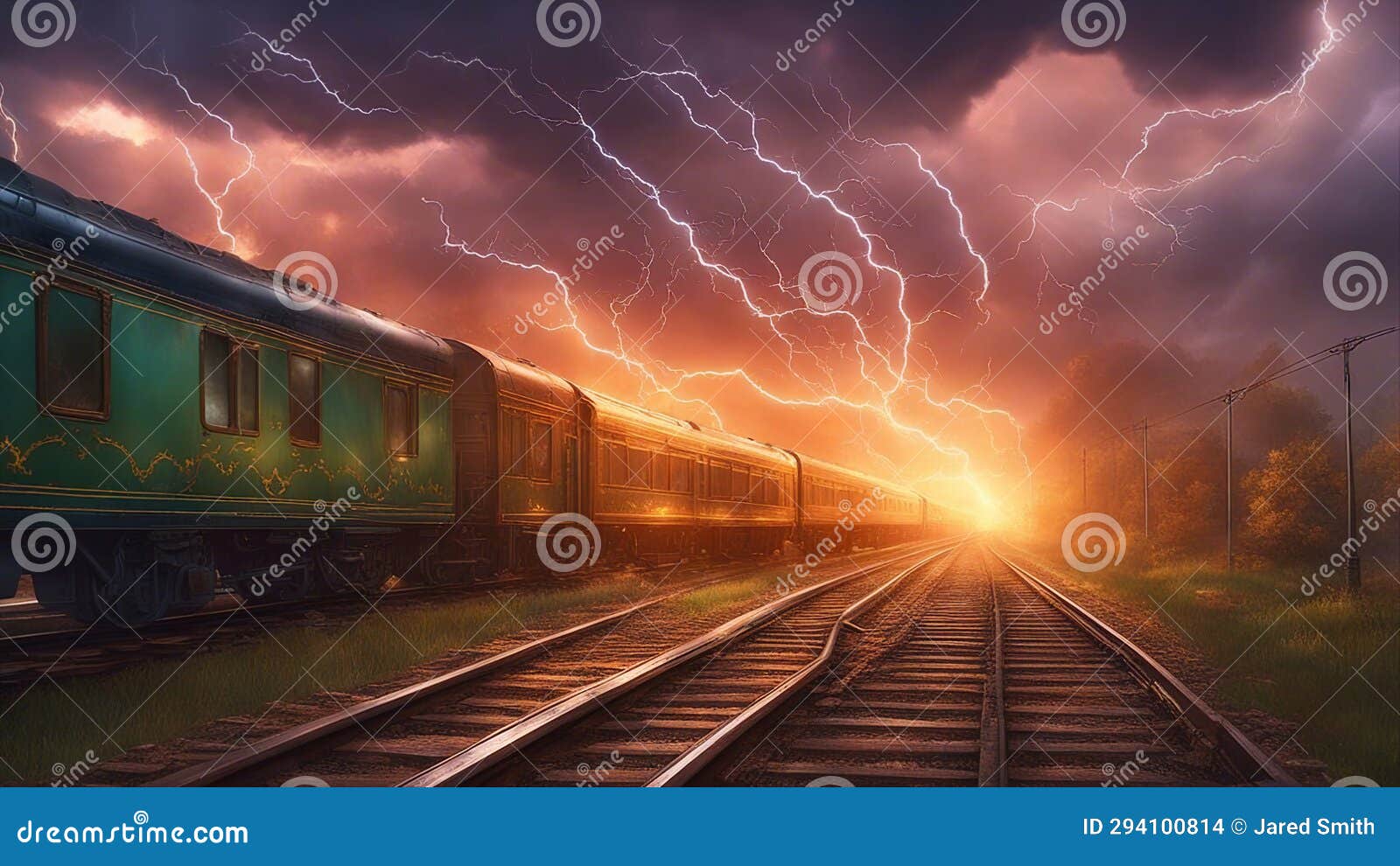 Train at Sunset, Lightning Striking the Railway Tracks Stock ...