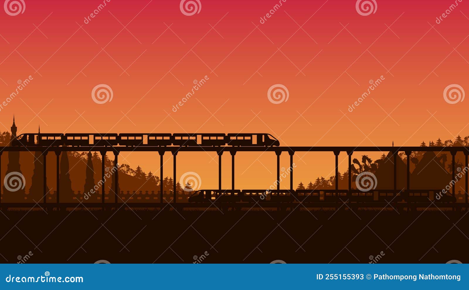 Train and Temple with Bridge in Thailand on Orange Gradient Background ...