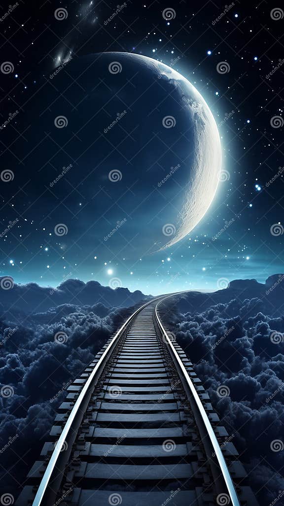 A Train Track with a Moon in the Background Stock Image - Image of ...